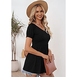 KALEEJOY Women's Casual V-neck Slim Tunics Shirts Short Sleeve Waisted Babydoll Blouse Tops for Leggings Summer Female T Shirts, Black, M