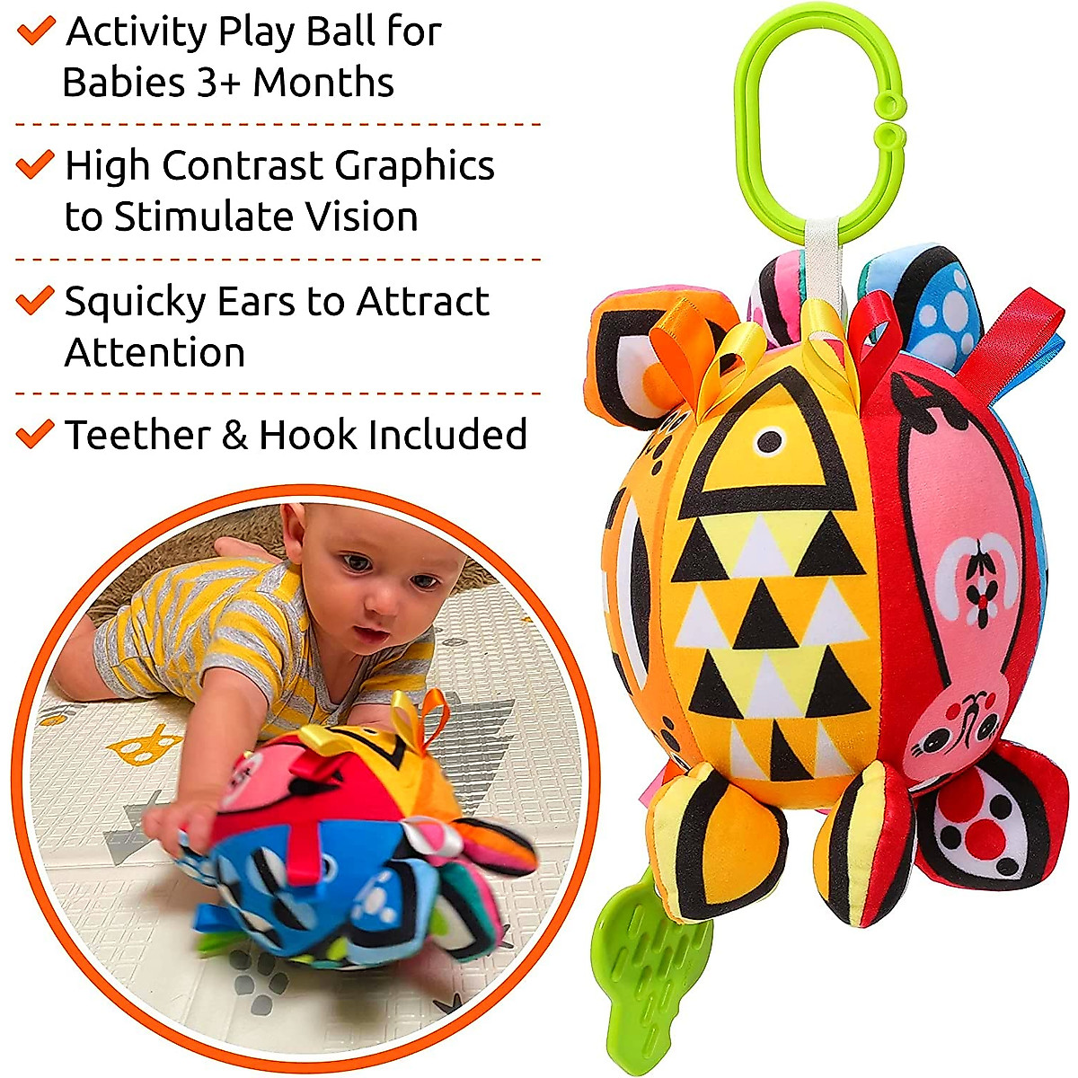 BabyBibi Soft Activity Ball - Baby Sensory and Teething Toy for Early Development & Help Develop Motor Skills - Age 0 Months +