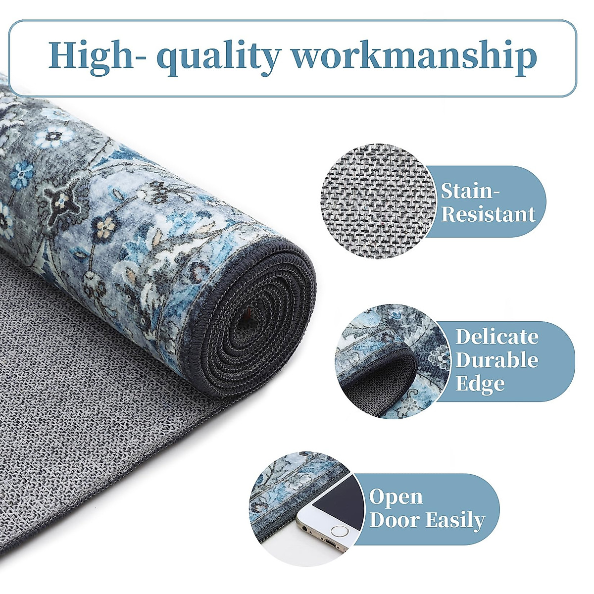 GarveeHome Washable Area Rug Moroccan Trellis Living Room Rug Non-Slip Stain Resistant Accent Rug Vintage Distressed Floral Floor Cover Carpet for Bedroom Laundry Room, 4' x 6', Blue/Grey