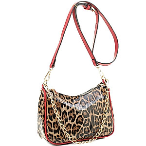 Patent Vegan Leather Womens Girls Leopard Print Retro Vintage Chain Shoulder Bag Crossbody Purse (Red)
