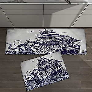 Kitchen Mats for Floor, Nautical Theme Octopus Sea Monster Kitchen Rugs, Kitchen Organization Anti-Fatigue Kitchen Mat, Kitchen Decor Runner Rug Room Decor Standing Desk Mats