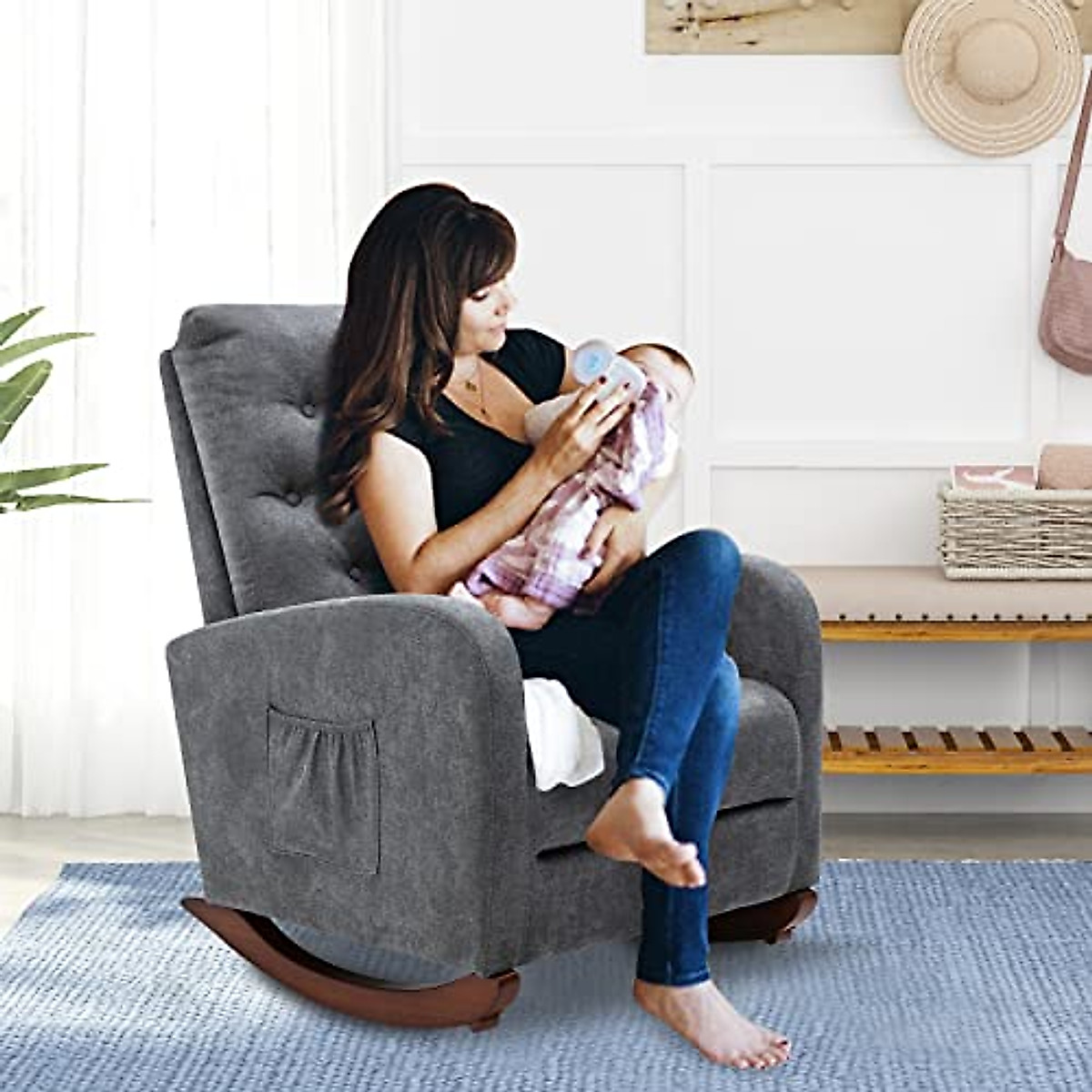 cinkehome Modern Accent Rocking Nursery Chair-Upholstered Rocker Glider Chair for Baby and Kids-Mid Century Tall Back Armchair with Solid Wood Legs-Living Room-Bedroom-Cotton Dark Gray