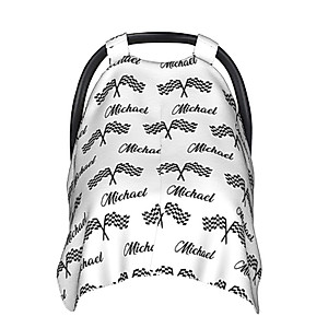 Personalized Racing and Race Flag Baby Car Seat Canopy for Babies with Name, Custom Car Seat Covers for Girls, Peekaboo Opening Minky Nursing Breastfeeding Cover Infant Car Seat Canopies for Newborn