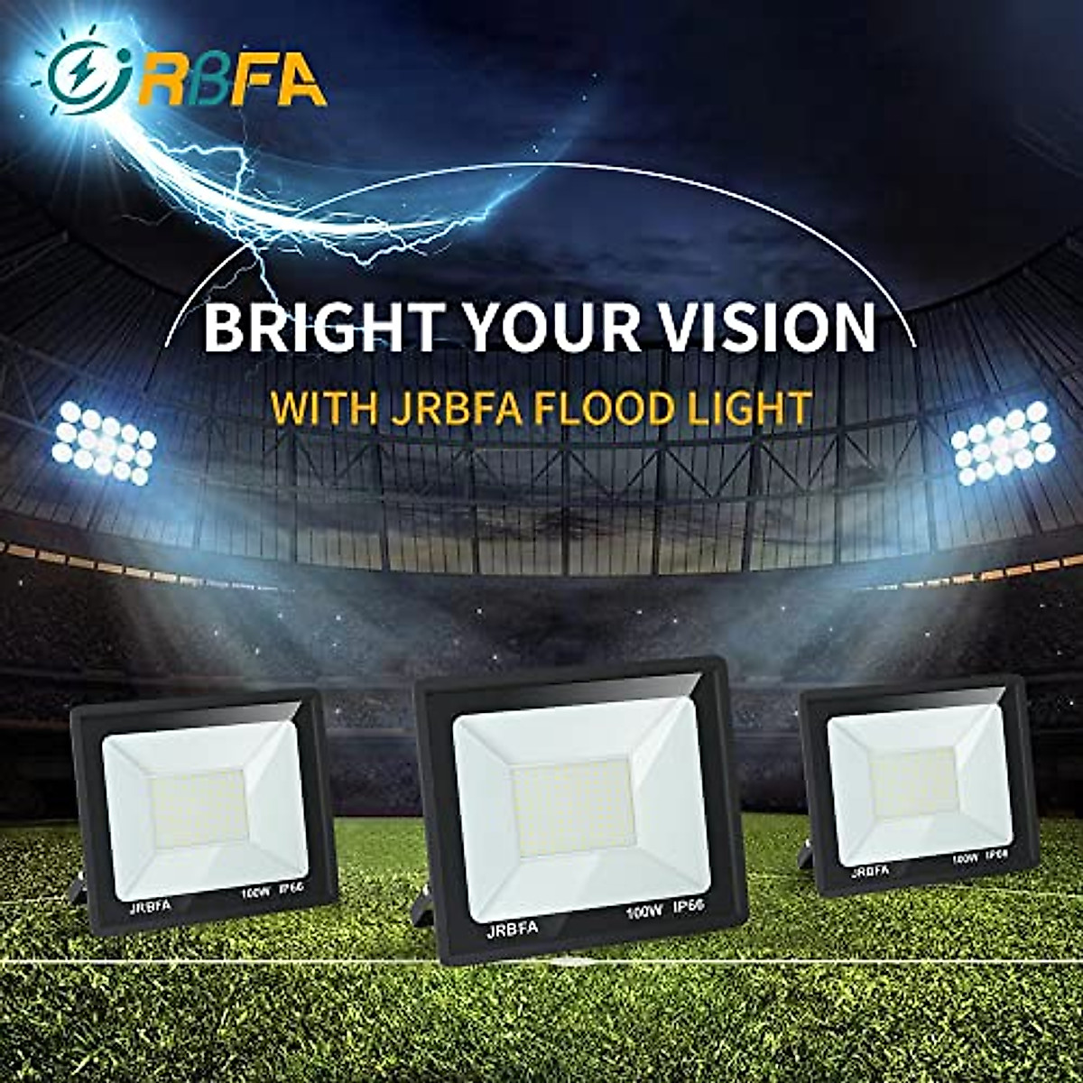JRBFA 2 Pack 100W LED Flood Lights Outdoor, 10000lm LED Work Light with Plug, 6500K Daylight White, IP66 Waterproof Exterior Outside Floodlights for Backyard, Garage, Garden, Lawn