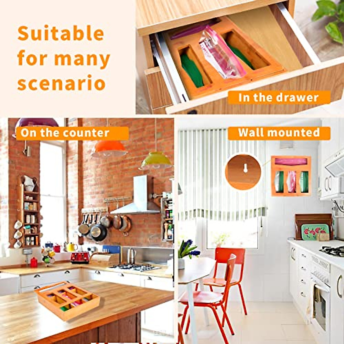 EZOGEVT Ziplock Bag Storage Organizer for Kitchen,Bamboo Baggie Organizer for Drawer,Compatible with Ziploc, Solimo, Glad, fit for Gallon, Quart, Sandwich and Snack Variety Size of Bags(4 Size in 1)