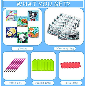 CHWGLFGG 6 Pack 5D Diamond Painting Kits for Kids Beginners, Full Drill Cute Animals Diamond Art Kits, DIY Big Gem Art for Children Ages 6-7-8-9-12, Home Wall Decor 6x6 Inch