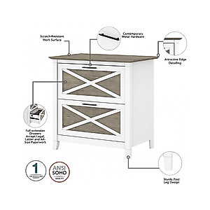 Bush Furniture Key West 2 Person Desk Set with Lateral File Cabinet in Pure White and Shiplap Gray