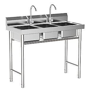 Bokknppo Freestanding Utility Sink 3-Compartment Commercial Sink 304 Stainless Steel Sink Station Set with Hot Cold Faucet Water Pipe Triple Bowl Kitchen Prep Sink,39 * 18 * 35.8in Silver