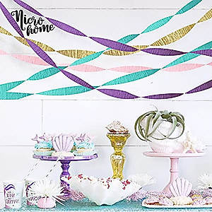 NICROHOME Mermaid Party Decorations, 12 Rolls Purple Blue Pink Crepe Paper Gold Streamers for Wedding, Baby Bridal Shower, Bachelorette Party, Birthday, Ocean Themed Party, 82Ft Long