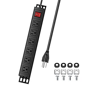 6 Outlets Heavy Duty Power Strip, Mountable Metal Power Strip Outlet, Rack Mount Power Strip 6 FT 16 AWG Long Extension Cord for Commercial Workshop Industrial Kitchen Office