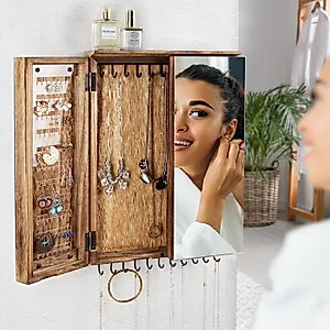 J JACKCUBE DESIGN Rustic Wall Mounted Jewelry Organizer, Wood Hanging Jewelry Holder Cabinet with Acrylic Mirror for Necklaces Earrings Bracelets Rings Wooden Barndoor Decor - MK606A