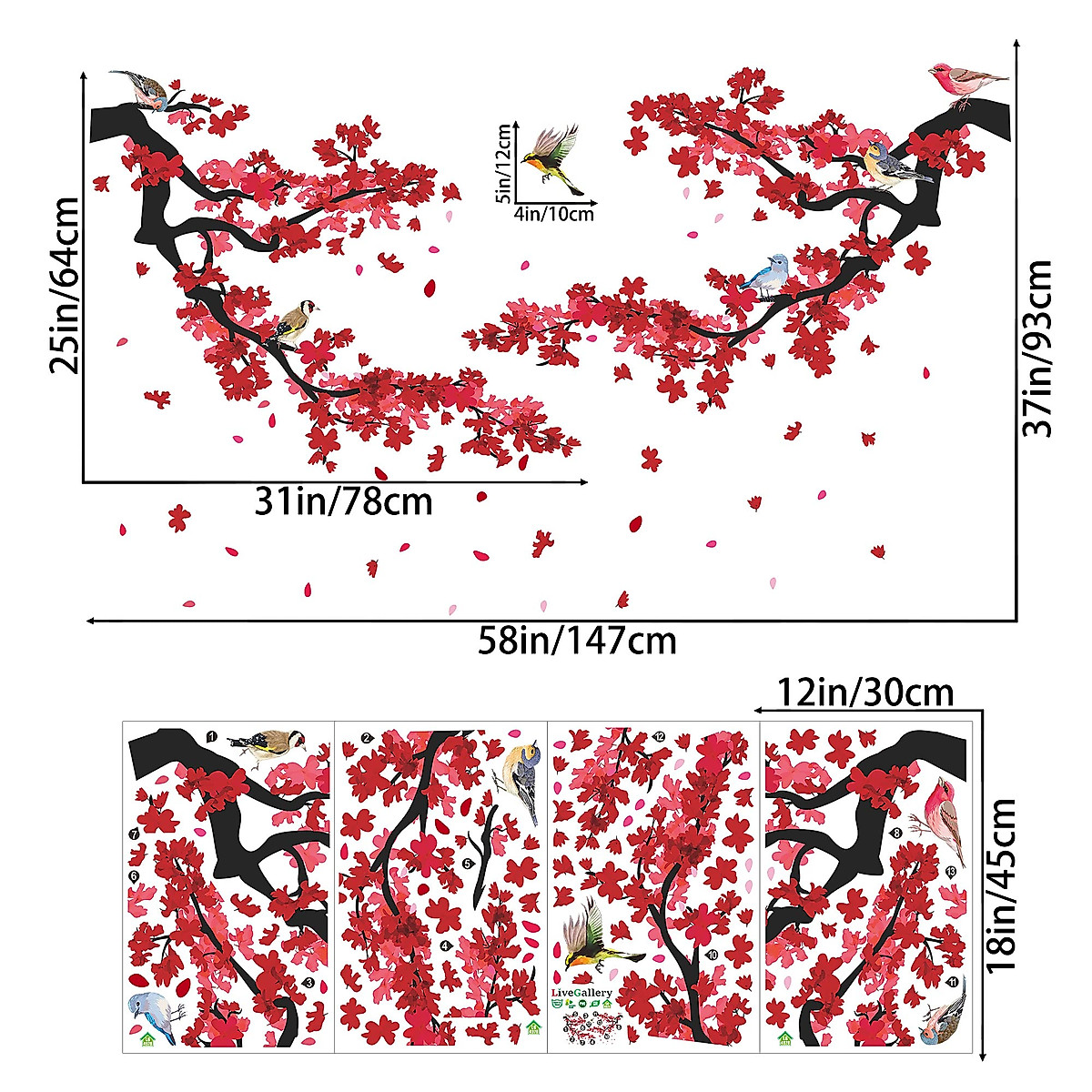 Romantic Red Flowers Wall Decals 3D Plum Floral Tree Branches Wall Stickers DIY Removable Peach Cherry Blossom Birds Wall Decor for Kids Girls Bedroom Living Room Nursery Office Decoration DT-4978