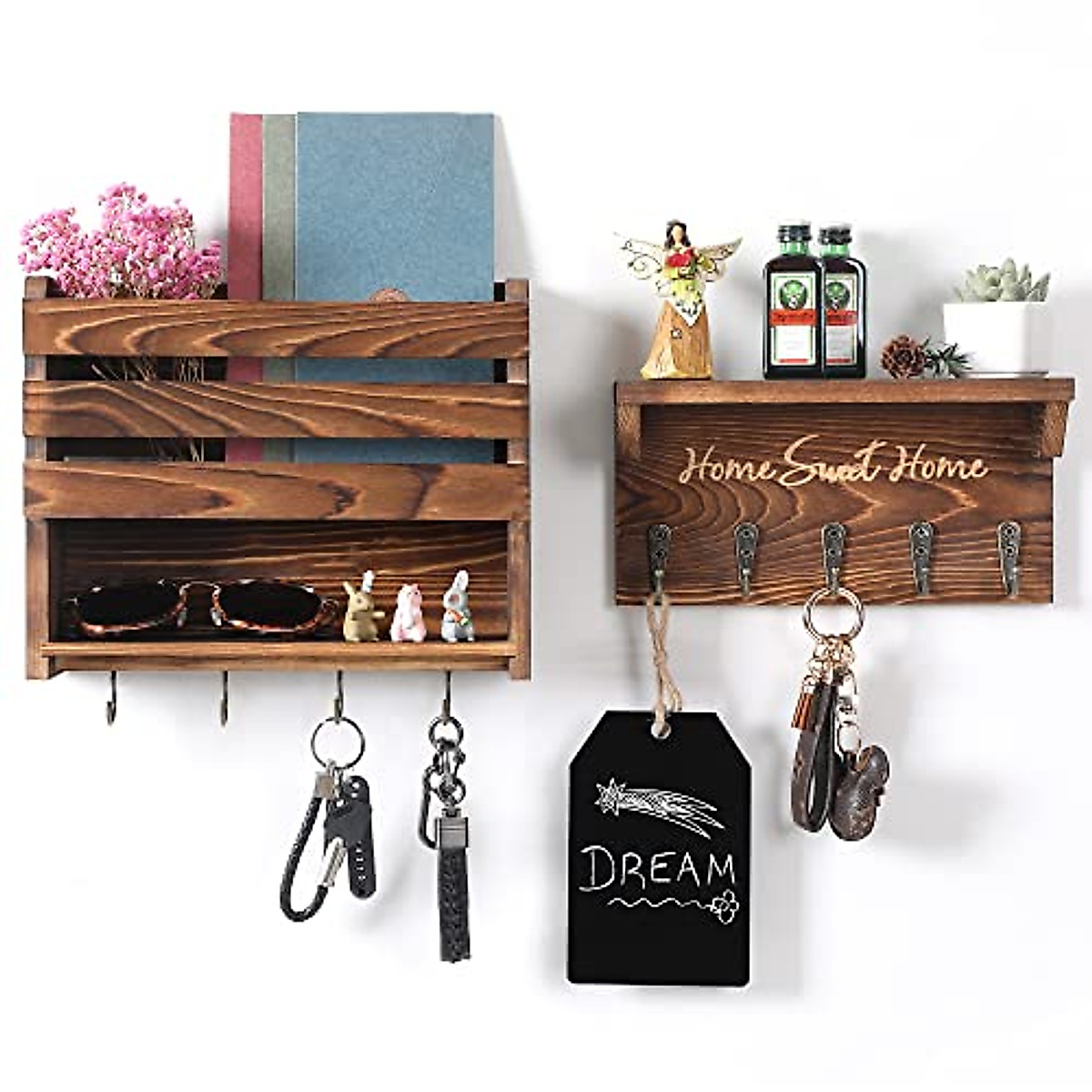 Innovation Key and Mail Holder for Wall, 2 in 1 Key Mail Holder for Wall, Wall Mail Holder with Shelf, Mail Holder with 9 Key Hooks, Pine Wood Vintage Brown