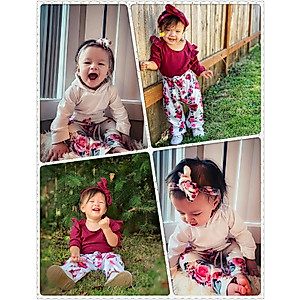 CETEPY Baby Girl Clothes Newborn Outfits Infant 3Pcs Tops + Pants + Headband or Hats Wine red flower 0-3 Months 70cm