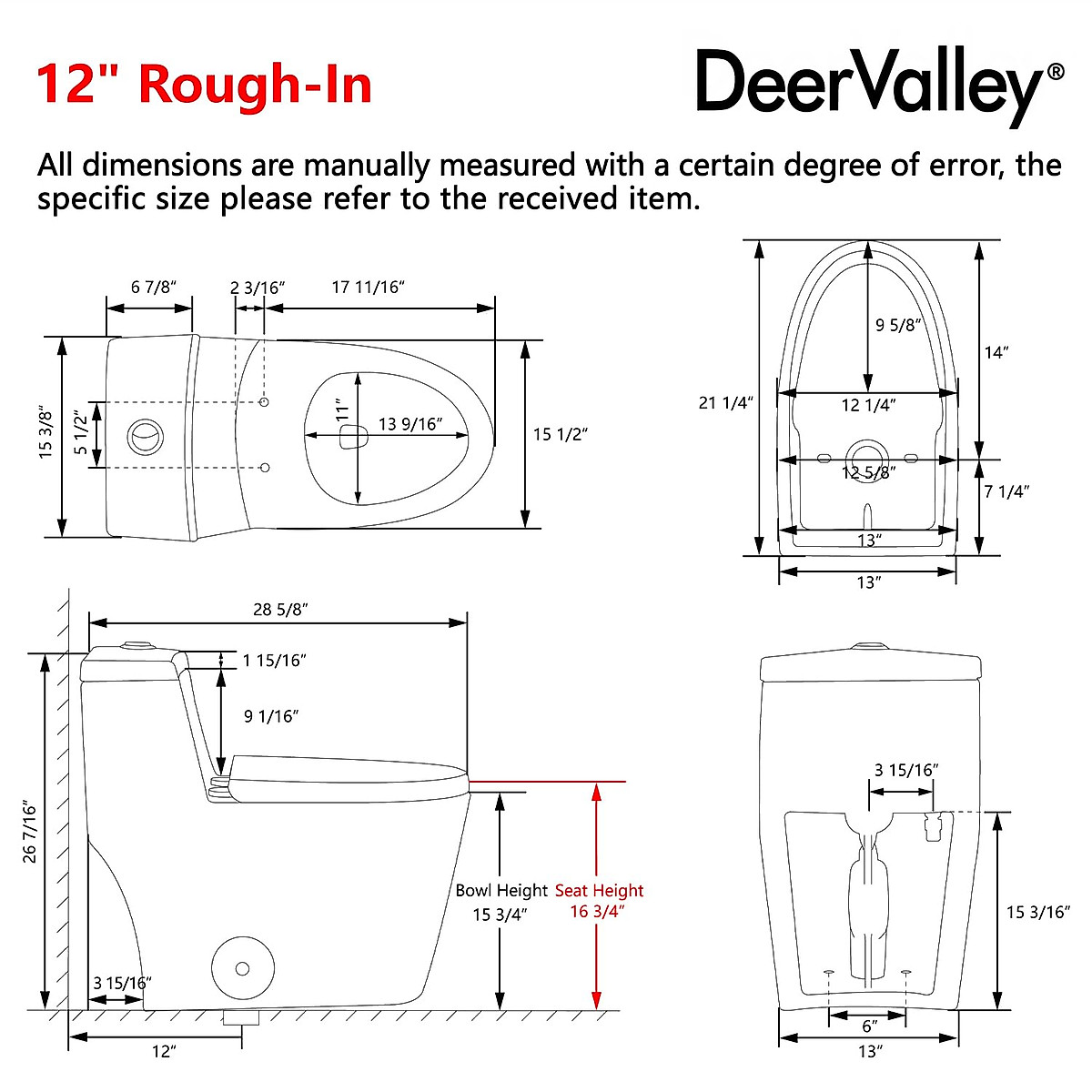 DeerValley Elongated One-Piece Toilet, Dual Flushing Toilet with 17" ADA Comfortable Chair Seat, 0.8/1.28 GPF High-Efficiency Modern Toilet, White Toilet Bowl For 12" Rough-In