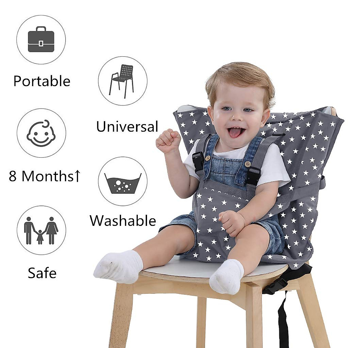 Vine Easy Seat Portable Travel High Chair | Adjustable, Safety, Washable | Toddler High Chair Seat Cover | Convenient Cloth Travel High Chair Fits in Your Handbag (Grey)