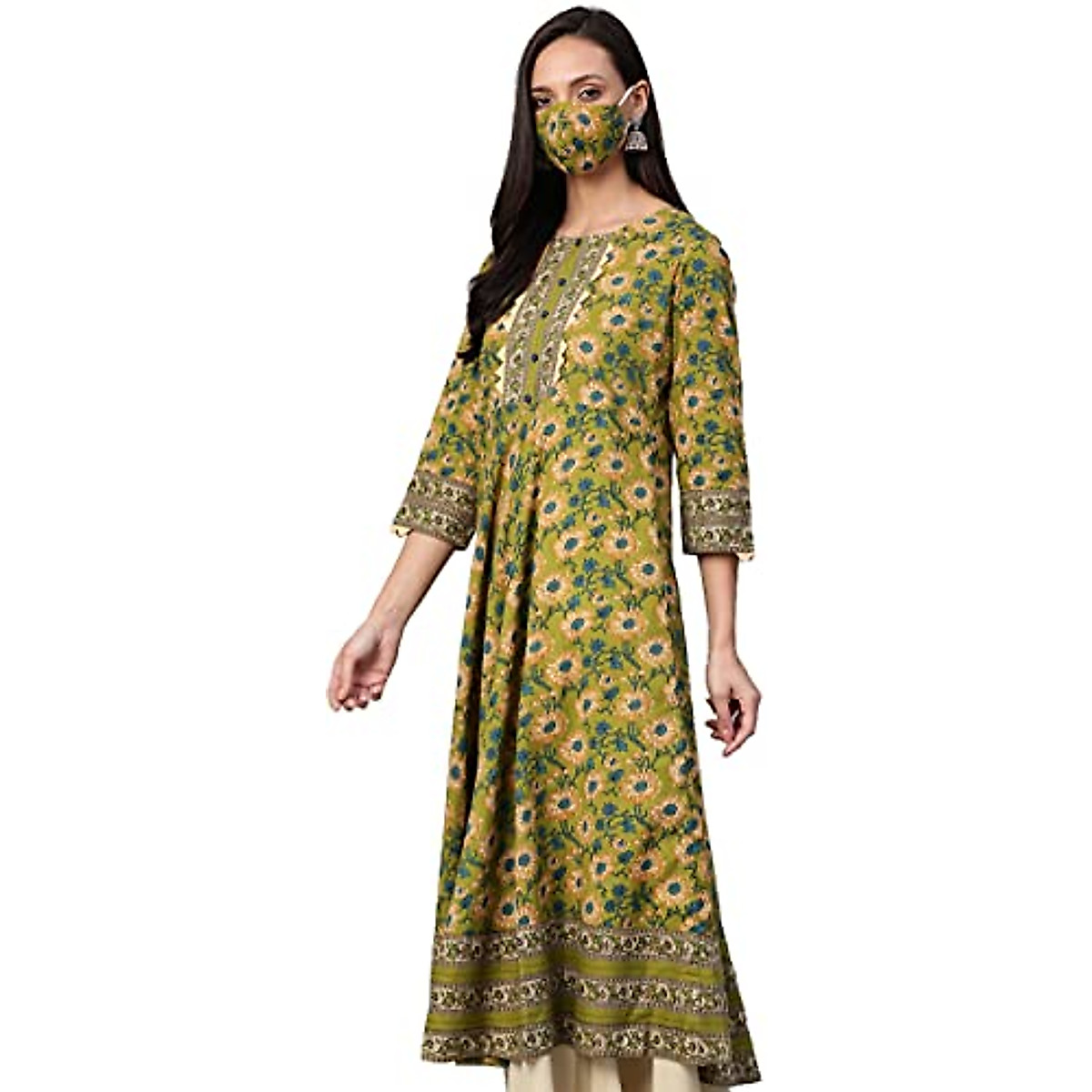 Yash Gallery Printed Yoke Design Cotton Anarkali Kurta for Women Indian Style Green