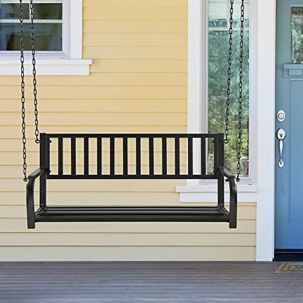Topeakmart Hanging Porch Swing Bench Outdoor, 2-Person Metal Iron Patio Bench for Garden Deck Patio Swing Chair with Chains, Black