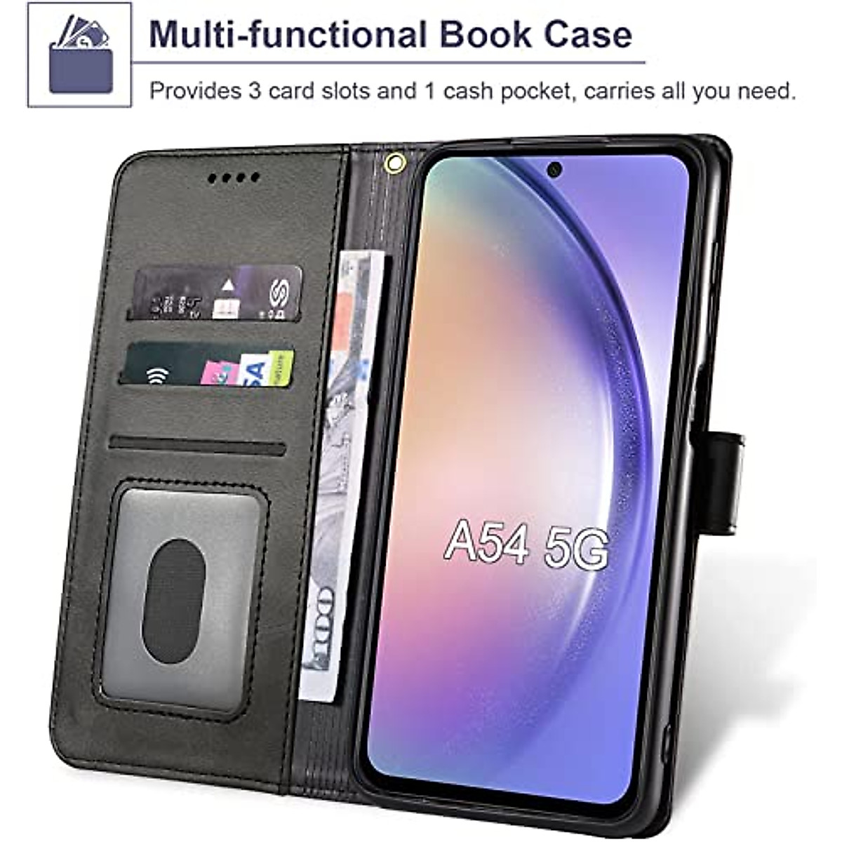 for Samsung Galaxy A54 5G Case and Tempered Glass Screen Protector, PU Leather Flip Cover Wallet Phone Case Protector [Full Protection] [Card Slots] [Kickstand] for Samsung Galaxy A54 5G, Black