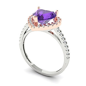 Clara Pucci 2.33ct Heart Cut Solitaire with Accent Halo Natural Amethyst gemstone designer Modern Statement Ring Solid 14k 2 Tone Gold