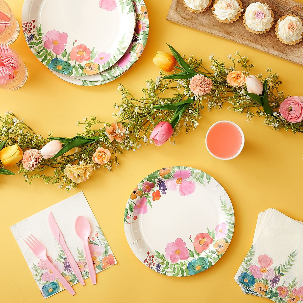 Juvale 144 Piece Watercolor Tea Party Supplies with Pink Floral Paper Plates, Napkins, Cups, and Cutlery, Disposable Tableware Set for Girls Baby Shower, Wedding (Serves 24)