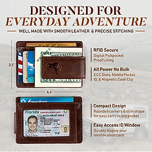 BULL GUARD Leather Magnetic Money Clip Wallet for Men with RFID Blocking Anti-Theft Protection, Durable Slim Front Pocket Card Case with ID Window