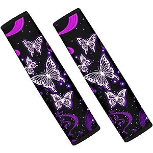 Daulesho 2Pcs Car Seat Belt Cover Pads Crytal Butterfly Print Shoulder Seatbelt Pads Cover, Safety Belt Strap Shoulder Pad for Adults and Children Purple