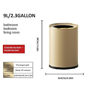 YOJIA 9L/2.4 Gallons Modern Round Waste Basket,Champagne Gold Open Top Metal Trash Can with Removable Lid,Gold Garbage Can for Bathroom,Bedroom,Vanity, Hotel,Office(Champagne Gold, 9L)