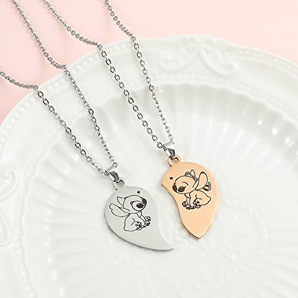 Cartoon Stitch & Angel Necklaces Set - 2Pcs Stainless Steel Chain Pendant Couple Choker Jewelry Accessories, Gifts for Lover