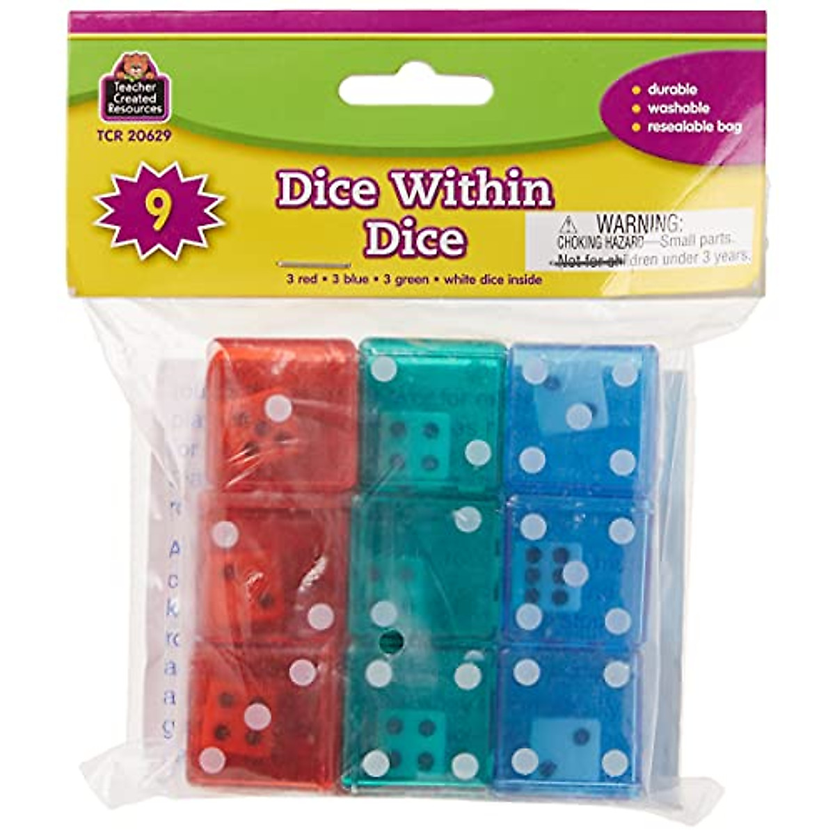 Teacher Created Resources® Dice Within Dice, Pack of 9,Red, Green, Blue, White, 1"