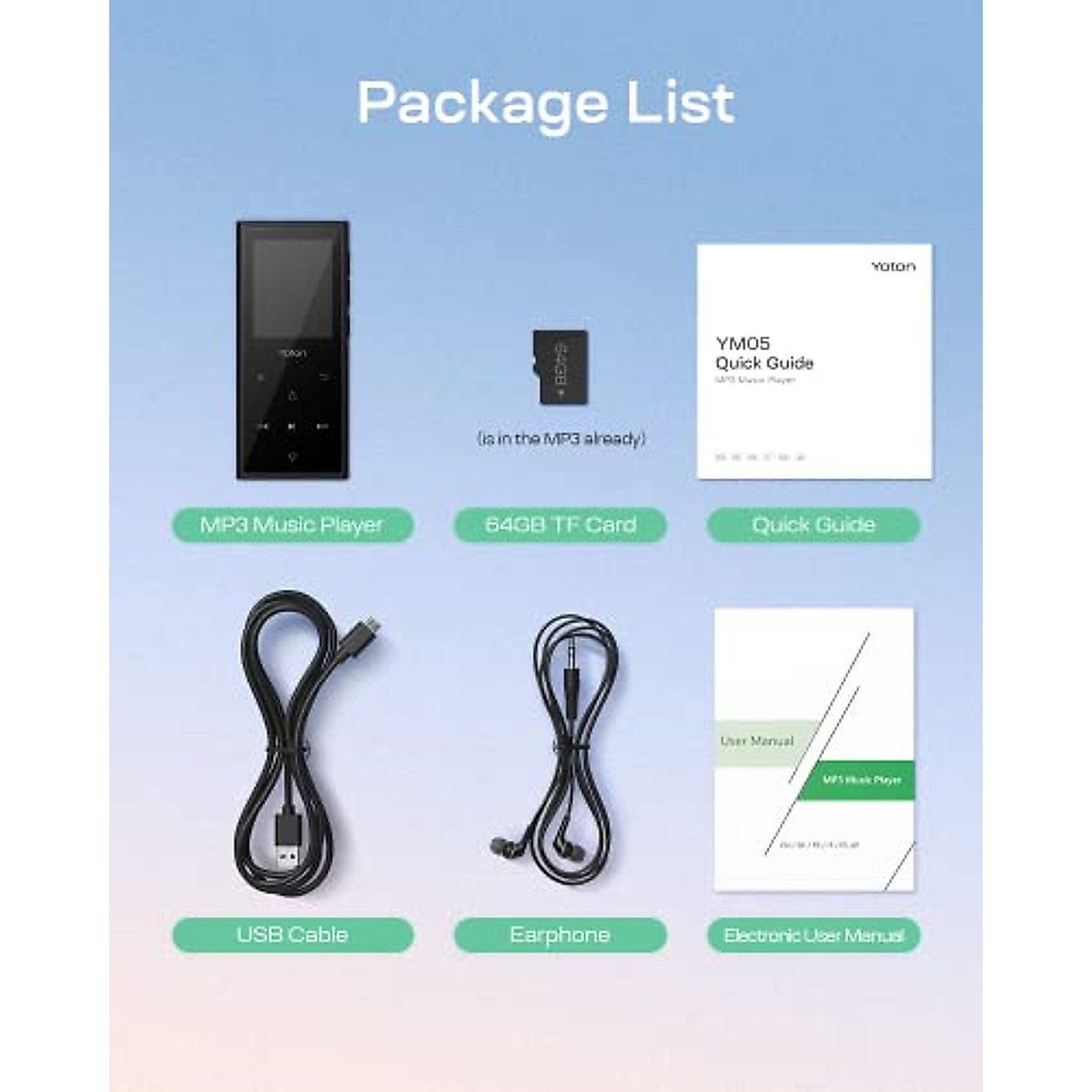80GB MP3 Player with Bluetooth, YOTON Music Player with Speaker and 1.8'' Curved Screen, HiFi Sound, FM Radio, Voice Recorder, E-Book, Pedometer, Stopwatch, TF Card and Earphones Included