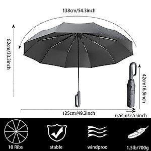 Extra Large Windproof Travel Folding Compact Golf 54‘’ Umbrella Automatic Open/Close,Lightweight Portable Parasol Outdoor,Sun/Rain,99 UV Protection,Perfect Carabiner Handle Design(Grey)