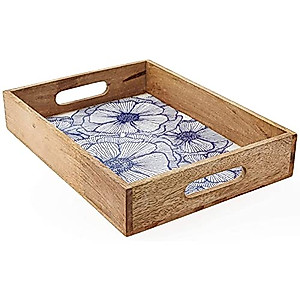Farmlyn Creek Wood Serving Tray with Blue Flowers for Ottoman, Vanity, or Countertop (16 x 12 In)