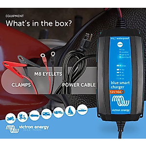 Victron Energy Blue Smart IP65 Smart Car Battery Charger 12V 10A, Float & Trickle Charger and Desulfator for Motorcycle, ATV, RV, Lithium and Deep Cycle Batteries