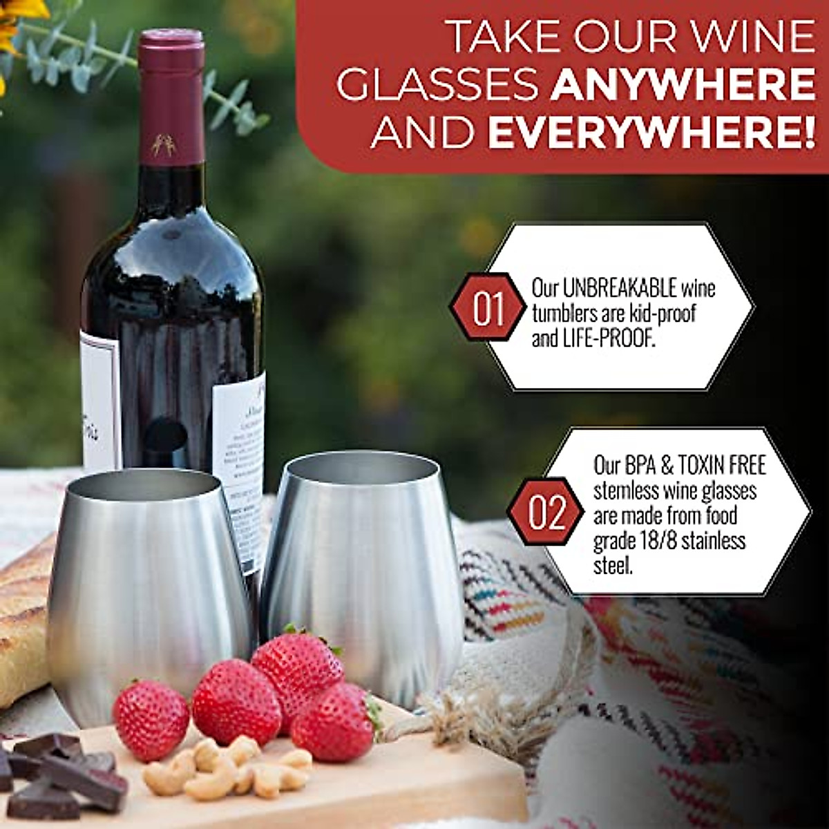 Backyard Bum Premium Solid Stainless Steel Wine Glasses | Set of 4 Large 18 Ounce | Stemless Wine Glasses| Perfect for Entertaining Outdoors