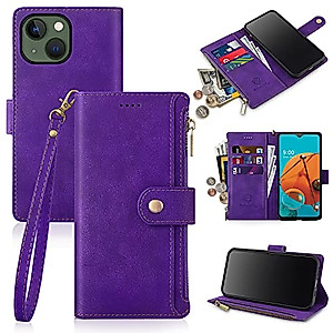 Antsturdy for iPhone 13 (6.1") Zipper Wallet Case,Luxury PU Leather with Handbag Wrist Strap Folio Flip Cover [RFID Blocking] Credit Card Slot Card Holder [Kickstand Function] Women Purple
