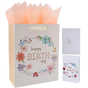 13" Large White Gift Bag Set with Greeting Card and Tissue Papers（Flowers and Happy Birthday）for Women's or Men's Birthday Party, Boys', Girls', or Kids' Parties, Baby Shower, Baby Boy or Girl - 10.2”x5.2”x13”, 1 Pcs.