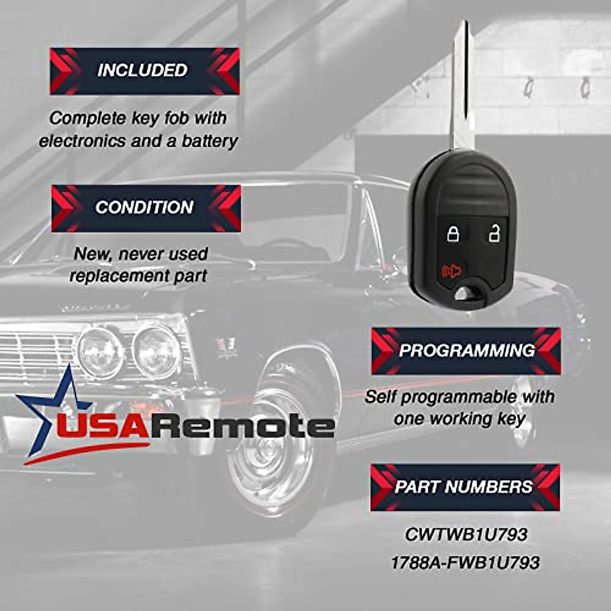Car Key Fob Keyless Entry Remote fits Ford, Lincoln, Mercury, Mazda (CWTWB1U793 3-btn) - Guaranteed to Program