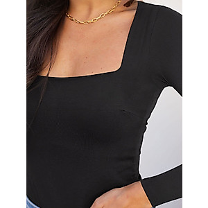 Womens Sexy Square Neck Double Lined Seamless Fitted Shirts Stretchy Long Sleeve Bodysuit Tops Black Medium