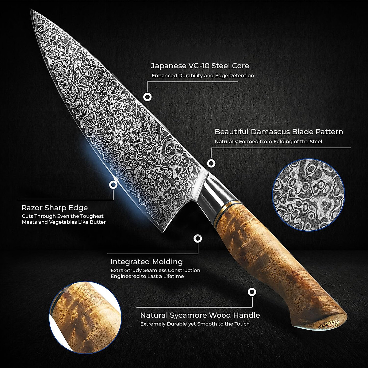 SENKEN 7-Piece Damascus Kitchen Knife Set - Dynasty Collection - 67-Layer Japanese VG10 Steel with Sycamore Wood Handles, Chef's Knife, Cleaver, Bread, Santoku, Boning, & More