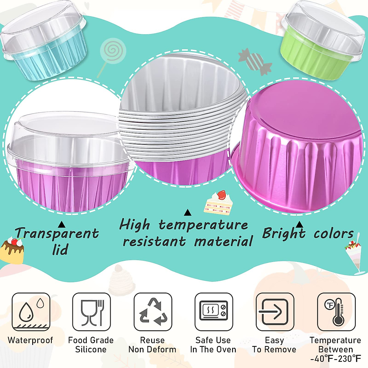 200 Pcs Aluminum Foil Cupcake Baking Cups 4.2 oz Disposable Ramekins Cupcake Liners Dessert Cups with Lids Mini Cake Pans Holders Mini Cheesecake Container for Valentine's Day Party (Vivid Colors)