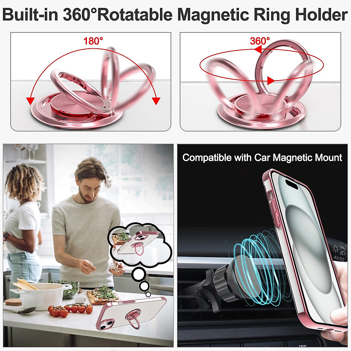 Tnarru for iPhone 15 Case Clear with Stand [360° Rotatable Magnetic Ring Holder Kickstand] Soft TPU Bumper Glitter Electroplated Shockproof Thin Slim Phone Case for iPhone 15, Pink