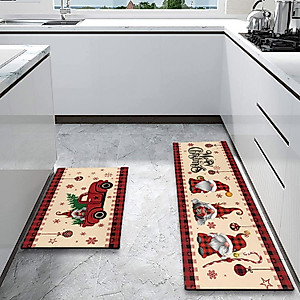 CocoBelin Christmas Gnome Kitchen Rug and Mat 2 Pcs,Red Truck Snowflake Tree Buffalo Plaid Bathroom Rug Non Slip Cushioned Mat Runner Rug Doormat for Christmas Farmhouse Kitchen Decor,17x30+17x47inch