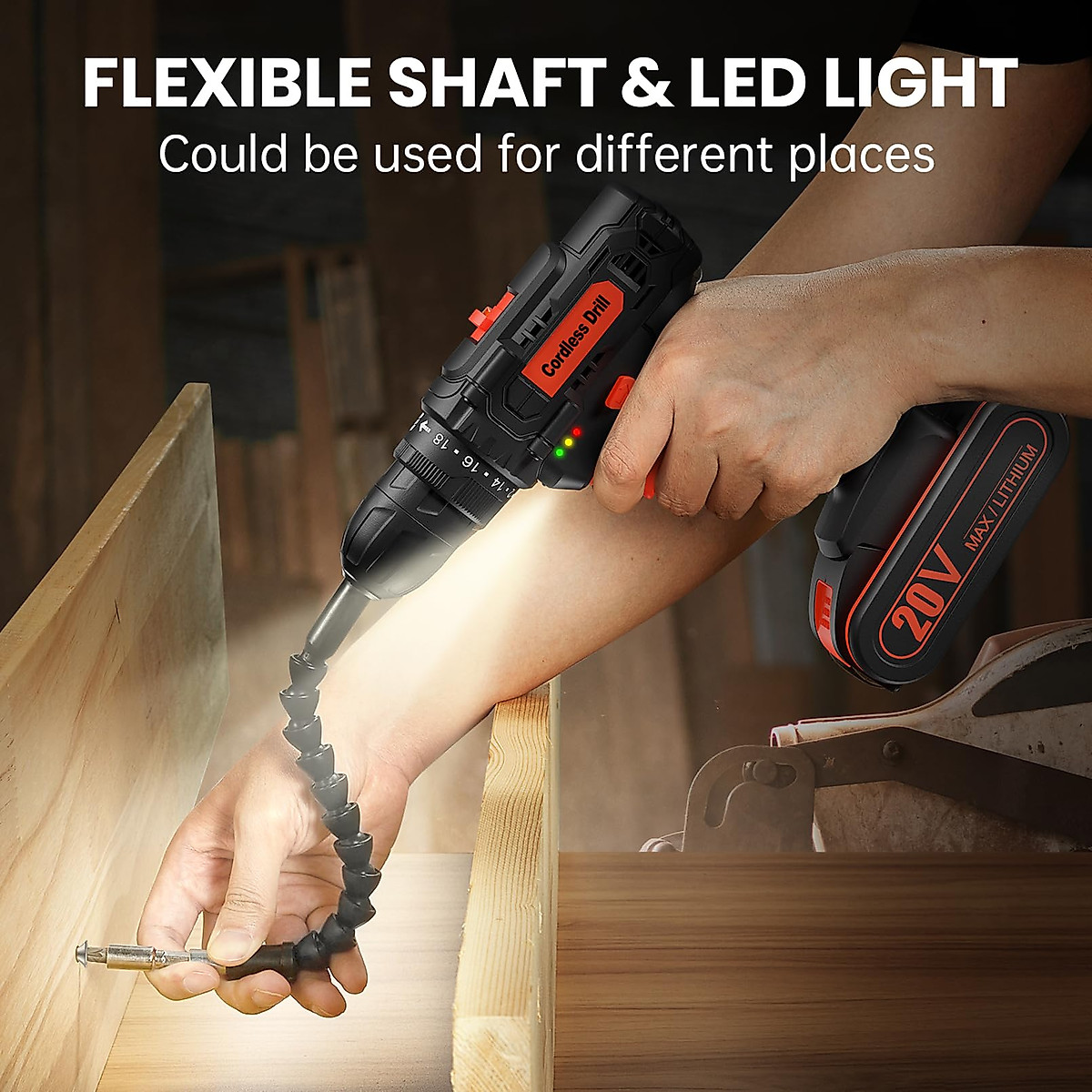 Cordless Drill 20V, Drill Set with 42pcs Accessories and Battery 2.0Ah, Electric Drill 25+1 Torque Setting, 2 Speed, 3/8" Keyless Chuck, LED Light, Electric Power Drill for Home DIY and Garden Repair