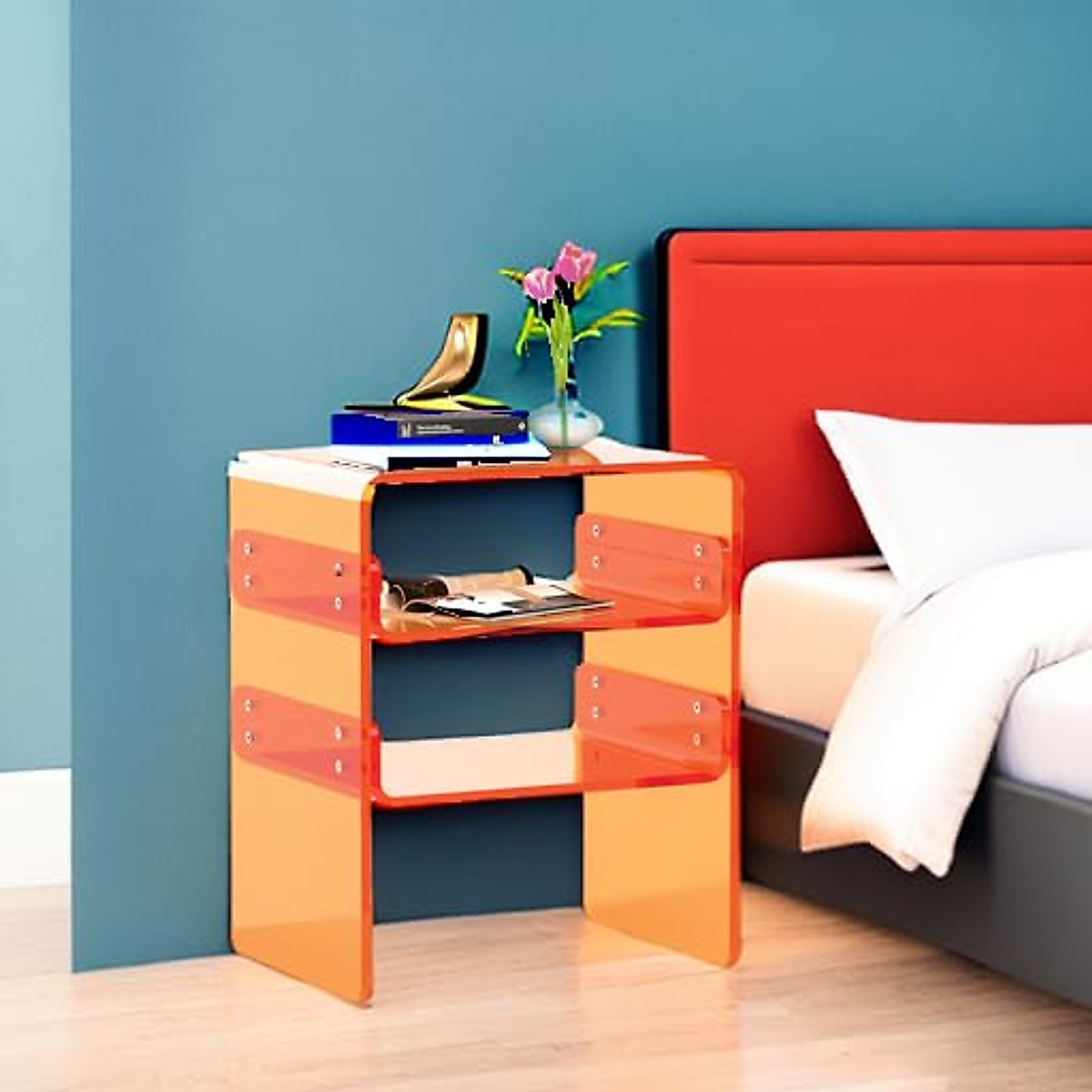 Clear Acrylic 3-Tier End Table/Nightstand – Sleek Bedside Storage with Durable Design, Perfect for Bedrooms, Living Rooms, or Modern Interiors – Ideal as a Bedside Table or Sofa Side Piece (Orange)