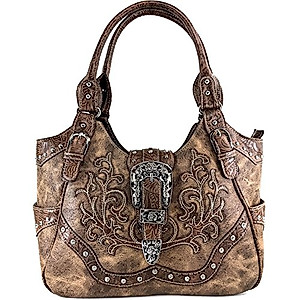 Justin West Western Studded Rhinestone Buckle Laser Cut Studded Shoulder Tote Handbag Purse Wristlet Wallet (Brown Purse and Wallet Set)