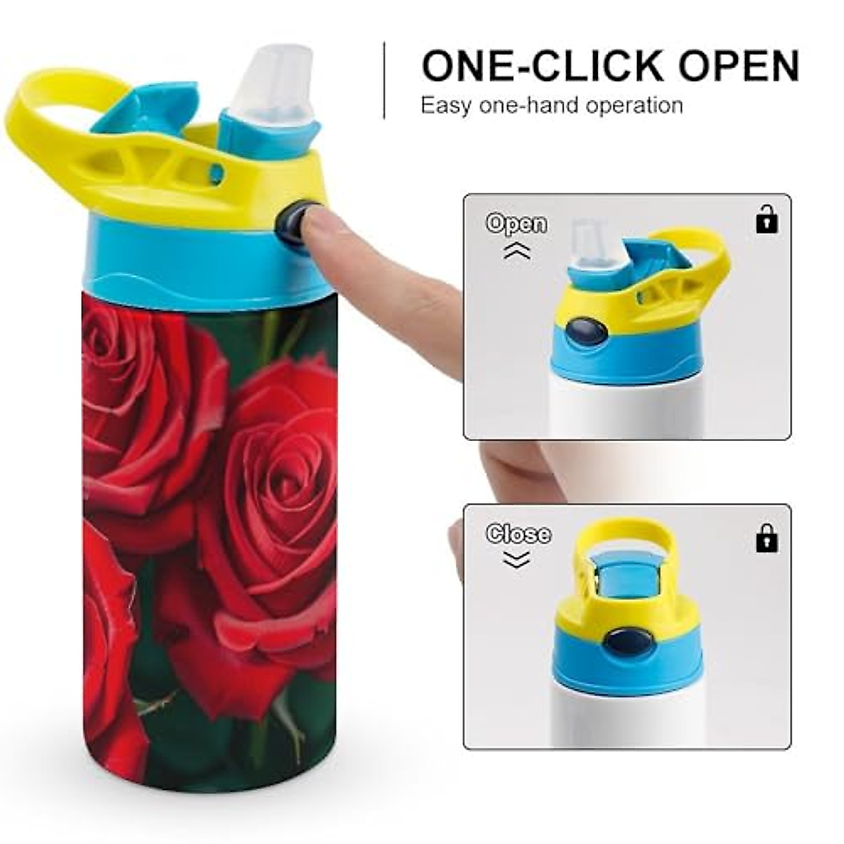 Stainless Steel Water Bottles Many Red Rose Travel Water Cups with Handle And Silicone Straw Drinking Cup with Leak Proof Lid Thermo Travel Mug for Women Men