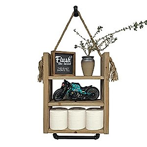 Fenisam 3 Tier Shelves 1 Towel bar, Pipe Wood Wall Hanging Unit, Cute Industrial Rustic Farmhouse Storage Shelf for Bathroom, Toilet, Kitchen, Laundry, Bedroom, Living Room, Office