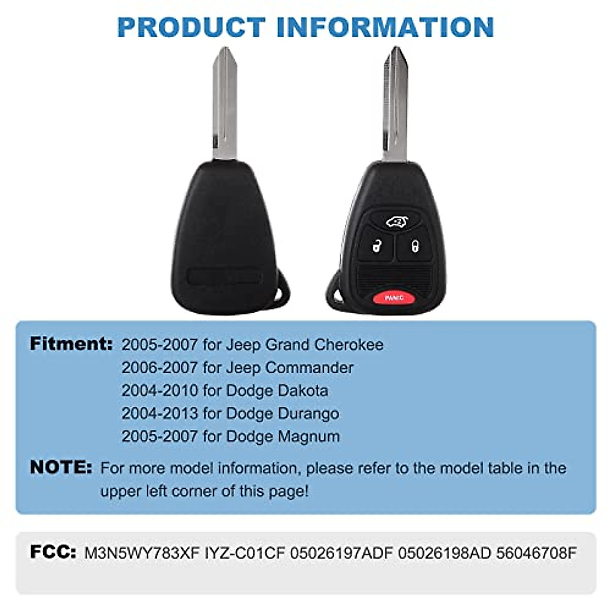 ECCPP 2X key fob replacement for Dodge Ram series for Durango for Charger for Dakota for Jeep for Grand Cherokee Wrangler Compass Patriot for Chrysler 300 200 Sebring HYQ1512Y