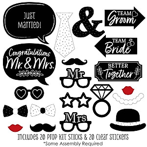 Big Dot of Happiness Mr. and Mrs. - Black and White Wedding or Bridal Shower Photo Booth Props Kit - 20 Count